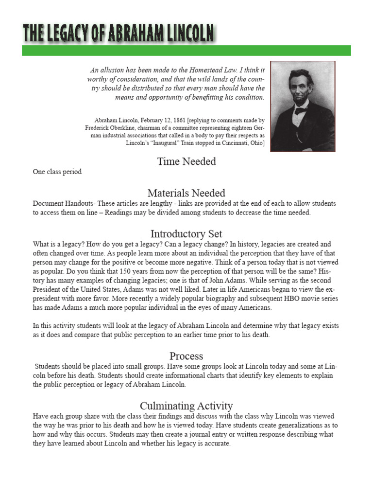 The Legacy of Abraham Lincoln 6 8 Lesson1 | PDF | Abraham Lincoln ...
