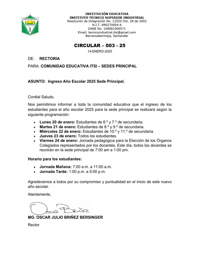 Circular 003 - 25 Ingreso Año Escolar Secundaria | PDF