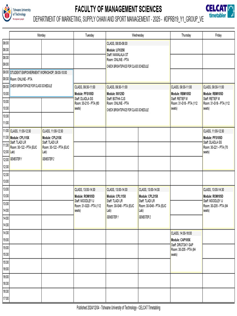 2025 TUT Management Sciences Timetable | PDF