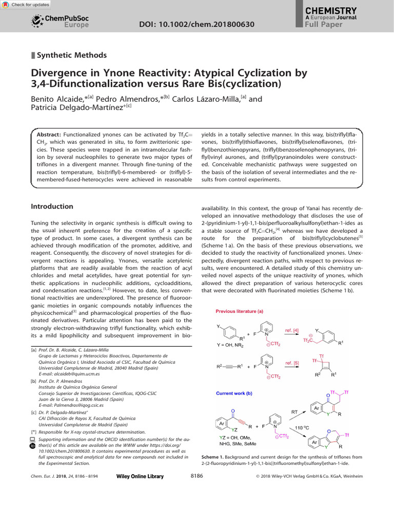 Chemistry A European J - 2018 - Alcaide - Divergence in Ynone Reactivity Atypical Cyclization by ...