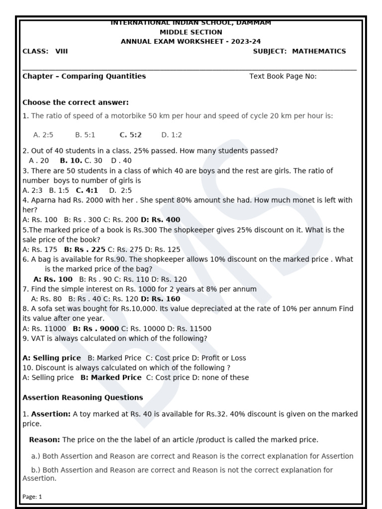 Answer Key Class 8 Chapter Comparing Quantities | PDF | Interest | Prices