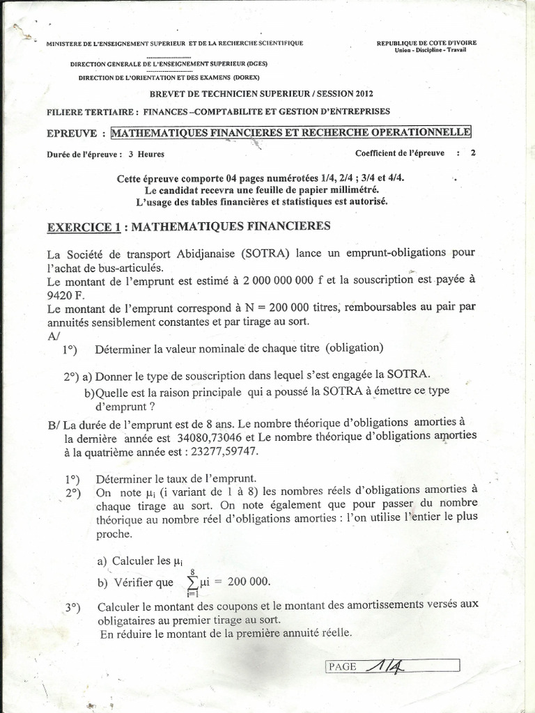 Examen-BTS Tertiaire - 2012 - Maths Fin & RO - FCGE | PDF