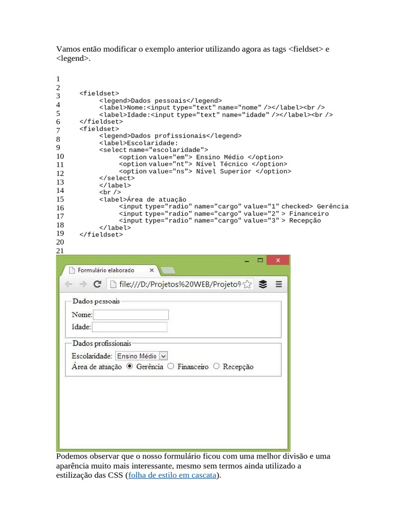 Exemplos de Tags HTML: Fieldset e Legend | PDF