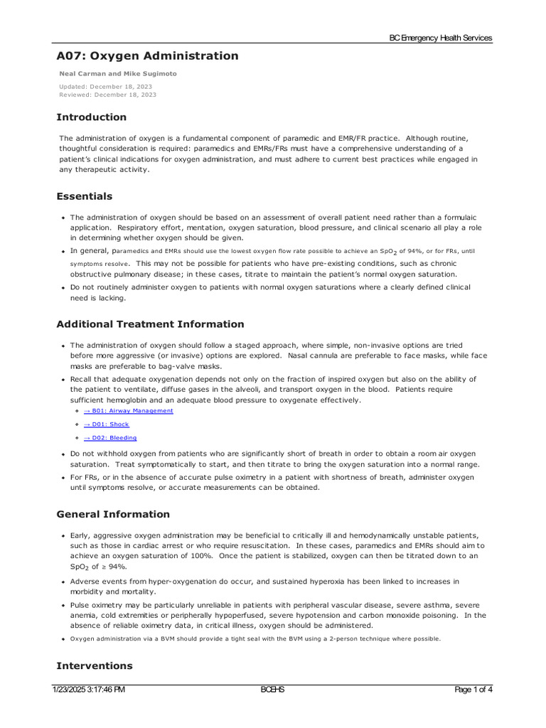 A07 - Oxygen Administration | PDF | Physiology | Pulmonology