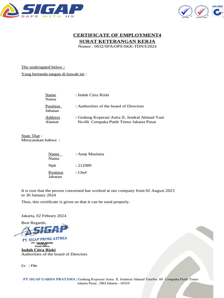 Certificate of Employment Asep | PDF