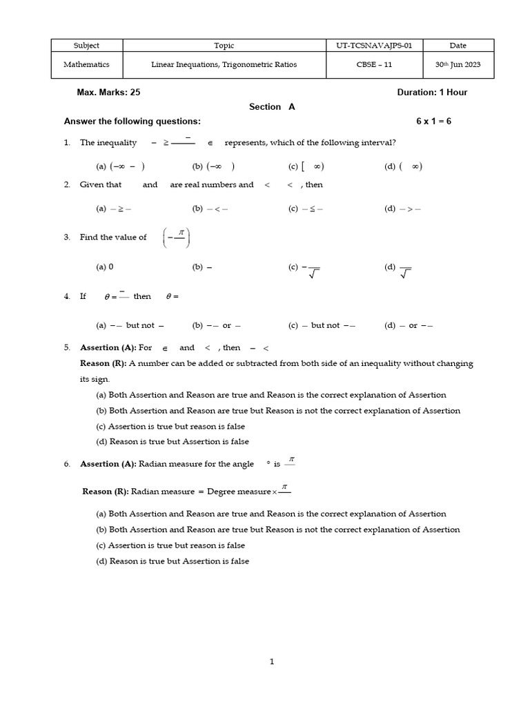 01-CBSE11UT Mathematics - 30-06-2023 - M3 | PDF | Trigonometry | Elementary Mathematics