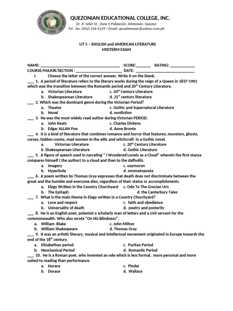 LIT-5-MIDTERM-EXAM | PDF | Poetry | Gothic Fiction