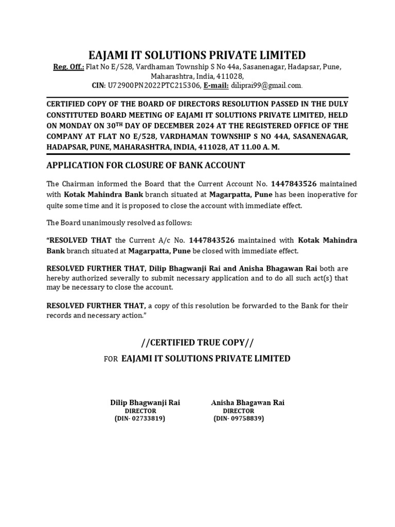 Resolution For Bank Closure | PDF