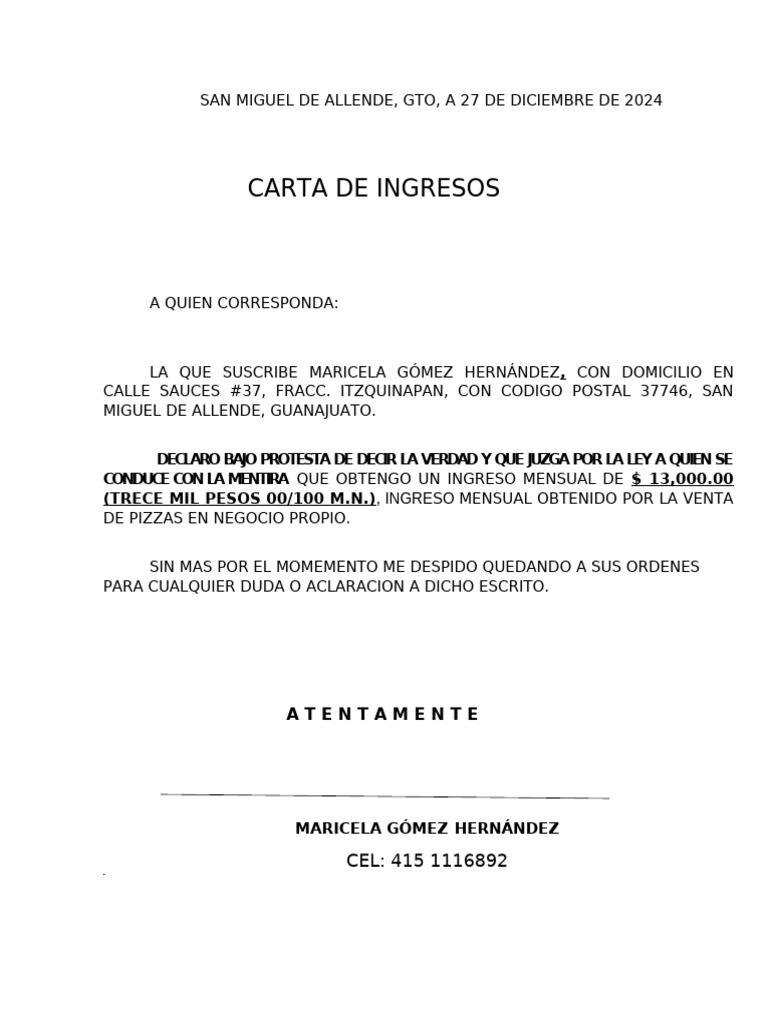 Carta de Ingresos | PDF