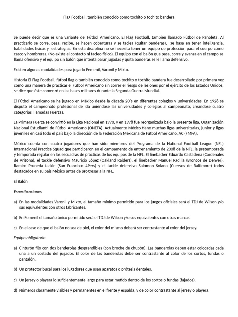 Flag Football Tambien Conocido Como Tochito o Tochito Bandera PDF | PDF ...