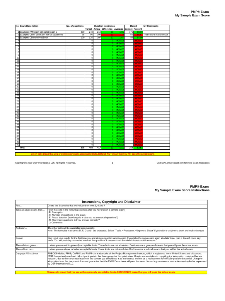 Sample Exam Score Worksheet | PDF