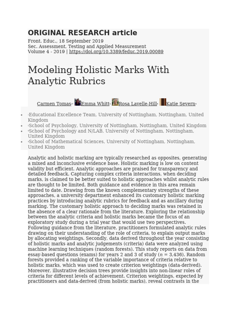 Enhancing Holistic Marks with Analytic Rubrics | PDF | Rubric (Academic ...