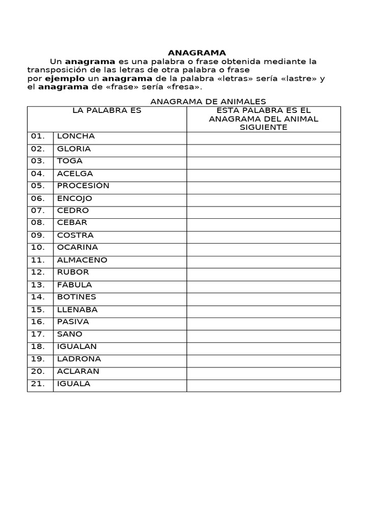 Anagrama Con Animales Parte 1 | PDF