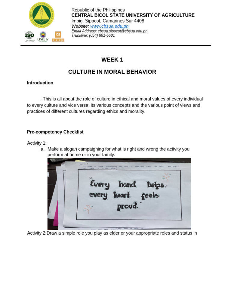 Week 1 Gec 4 Ethics Culture in Moral Behavior | PDF | Virtue | Justice