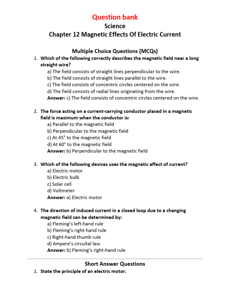 Class 10th Science Question Bank Chapter 12 Magnetic Effects of Electric Current | PDF ...