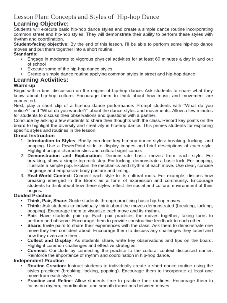 Lesson Plan - Concepts and Styles of Hip-Hop Dance | PDF | Dances | Hip ...