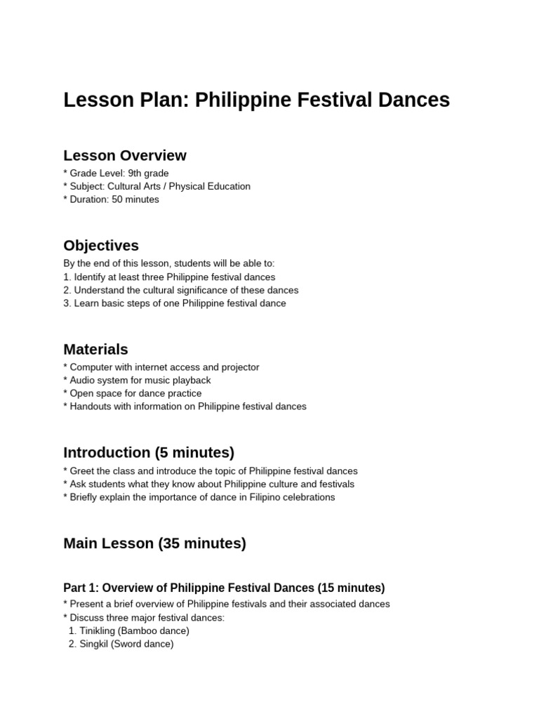 Philippine Festival Dances Lesson Plan | PDF | Learning | Cognition