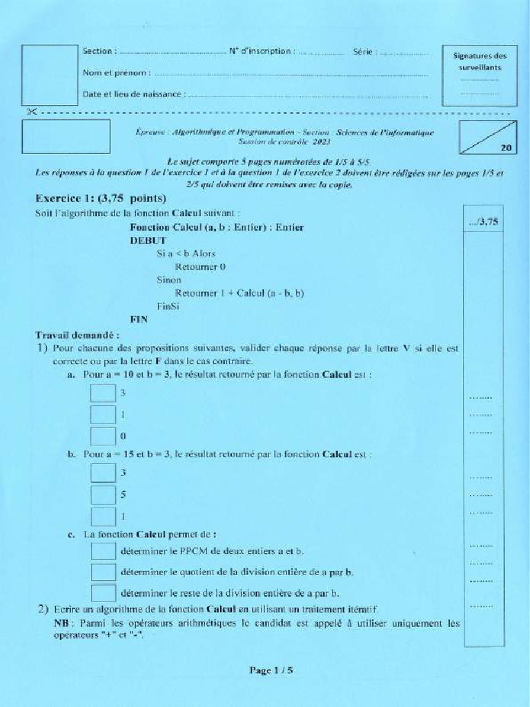 Bac 2023 Informatiques Algorithme Programmation Controle | PDF