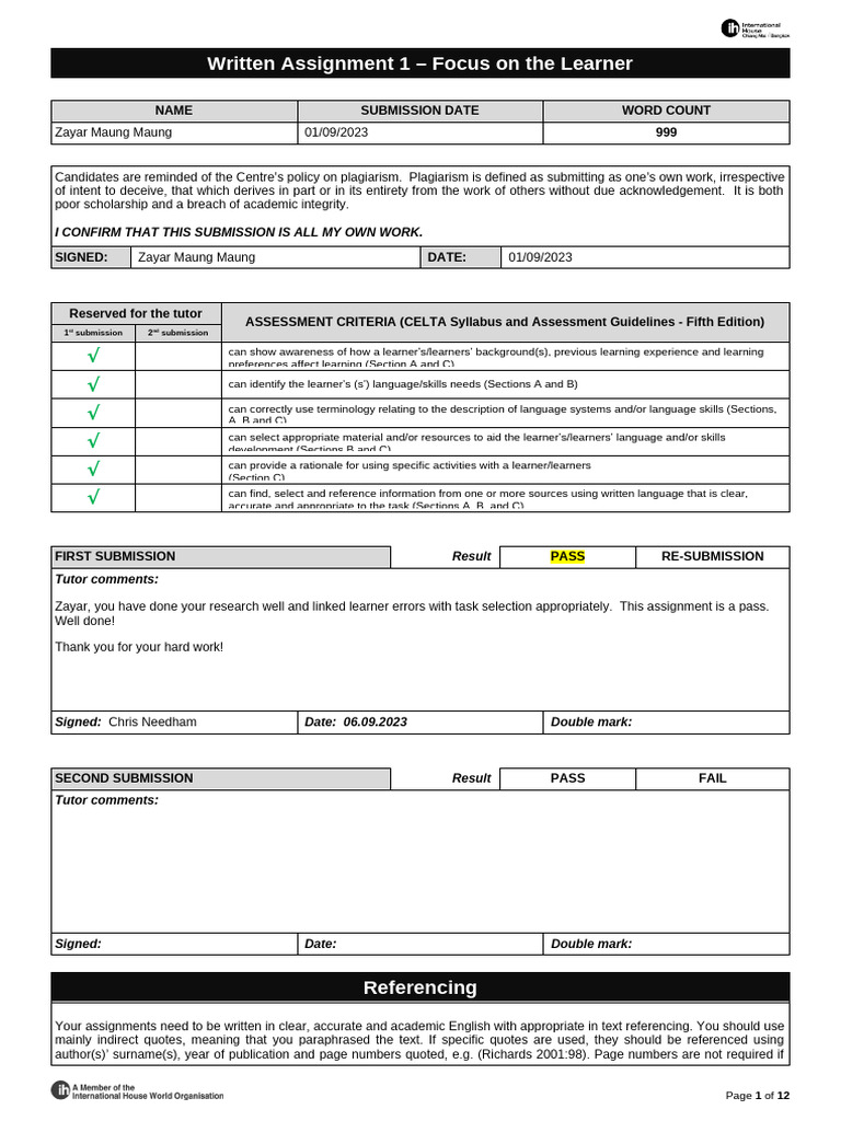 Assignment 1 - Focus On The Learners - Zayar Maung Maung | PDF | Stress (Linguistics) | Fluency