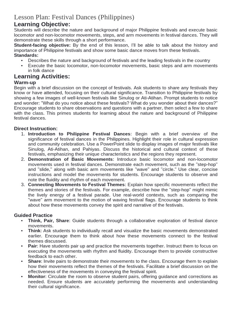 Lesson Plan - Festival Dances (Philippines) | PDF | Behavior ...