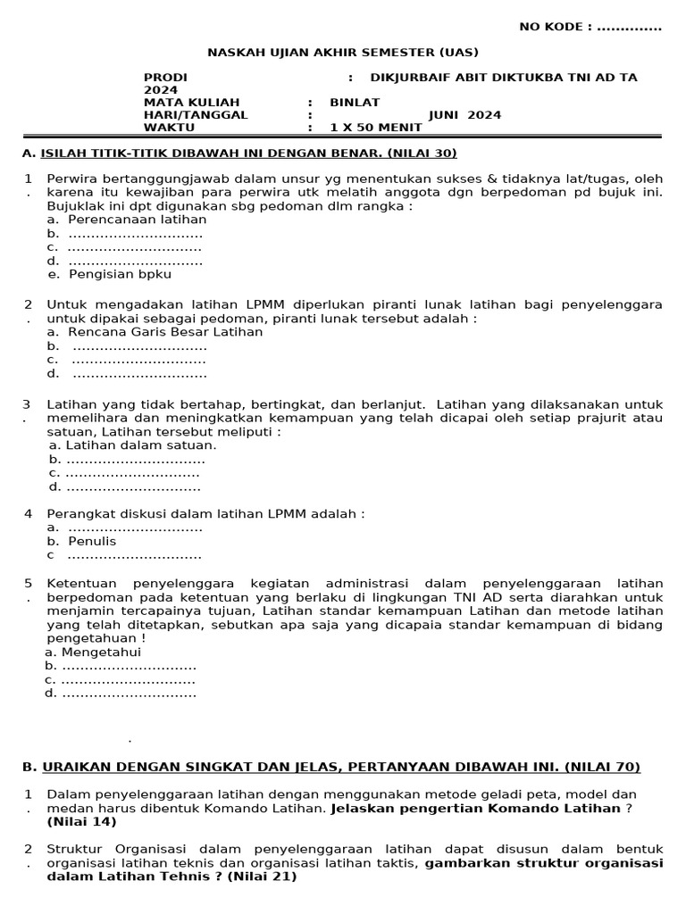 Soal Uas MK Binlat Abit Diktukba 2024 | PDF