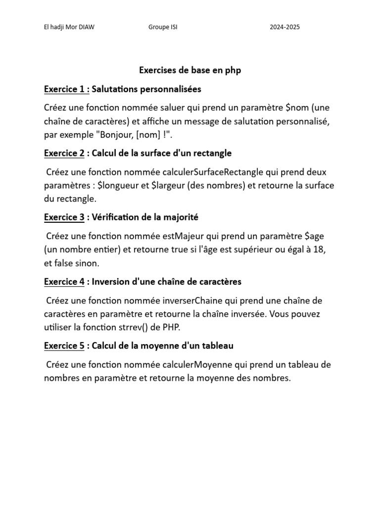 Exercices De Base Php Pdf