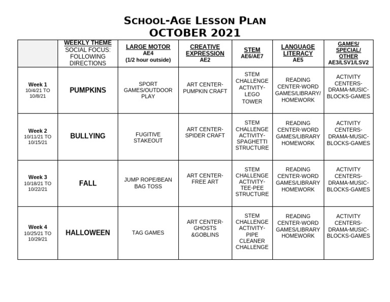 October 2021 School Lesson Plan | PDF | Halloween
