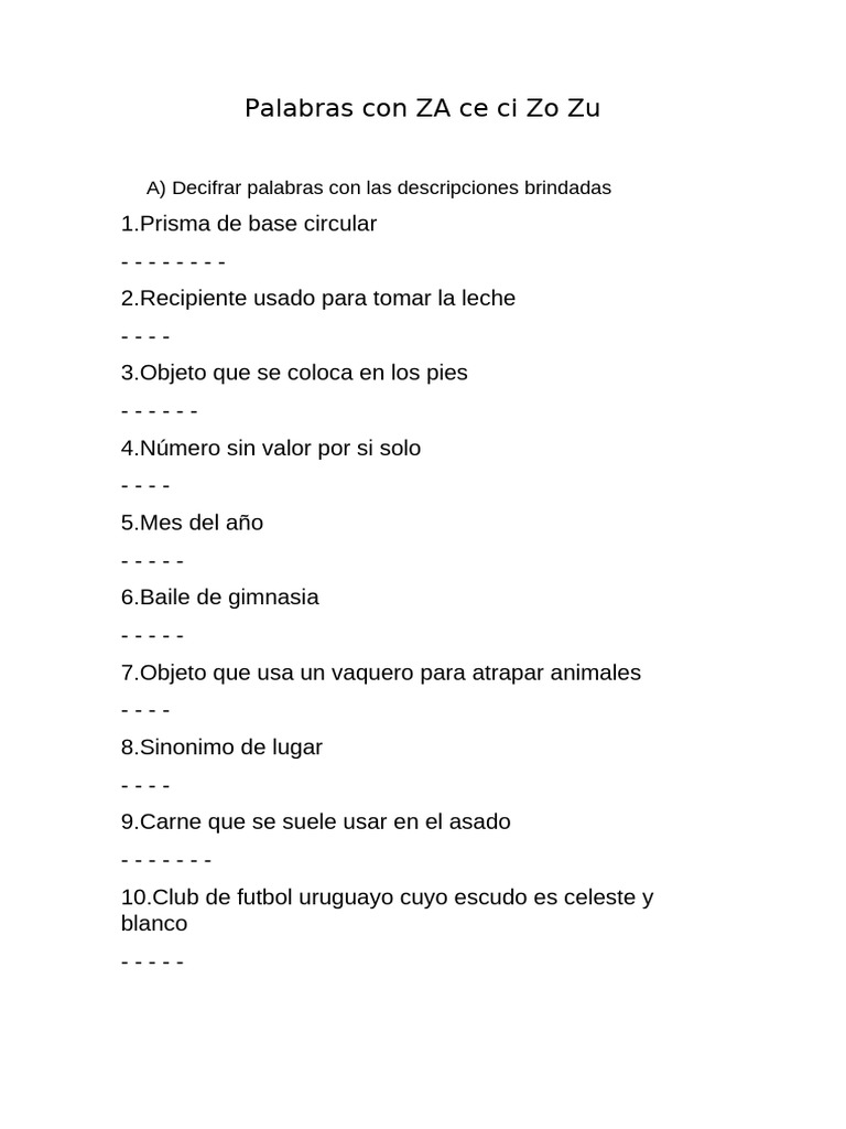 Palabras Con ZA Ce Ci ZO Zu | PDF
