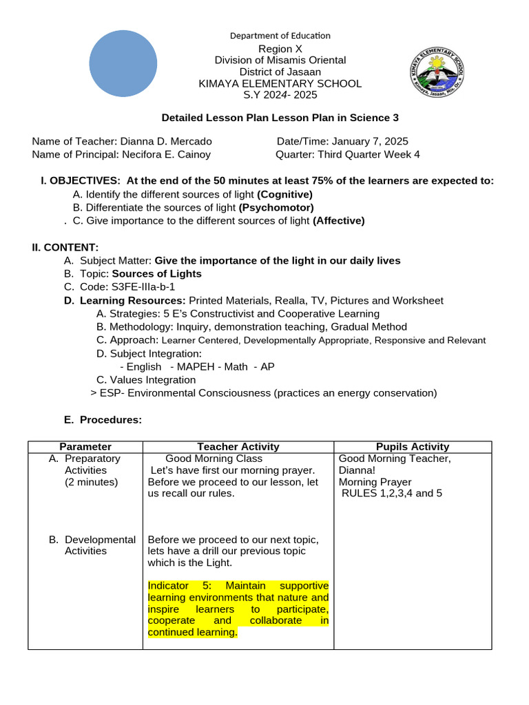 Science Lesson Plan: Sources of Light | PDF | Learning | Lesson Plan