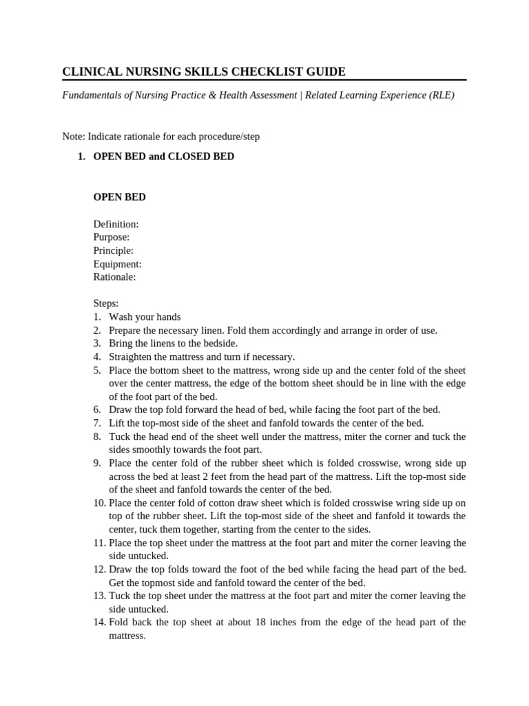 Clinical Nursing Skills Checklist Guide | PDF | Bed | Anatomical Terms ...