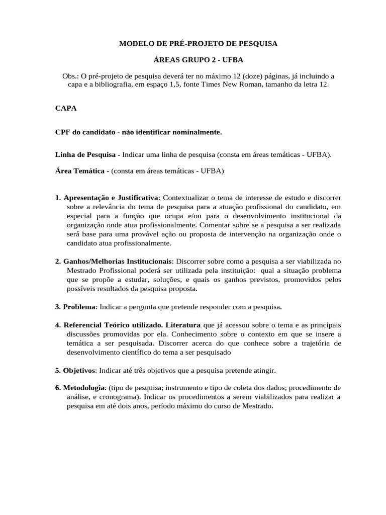 Modelo de Pre Projeto de Pesquisa Ufba | PDF