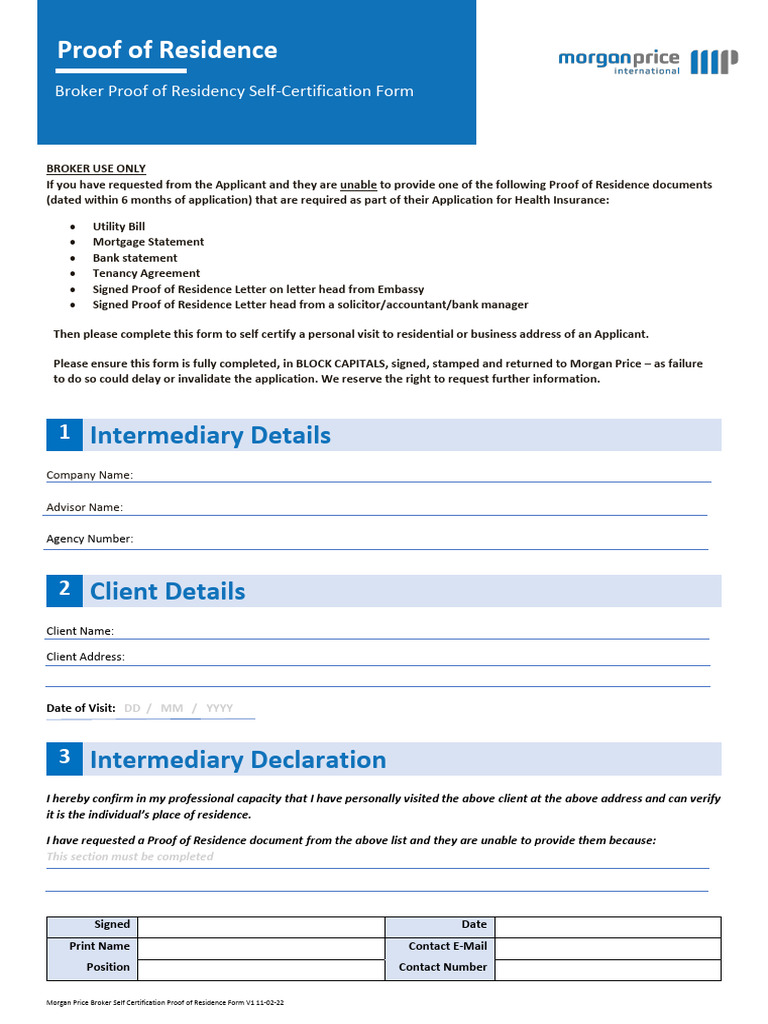 Mpih - Eicml - Broker Self Certification Proof of Residence Form - 02 22 | PDF