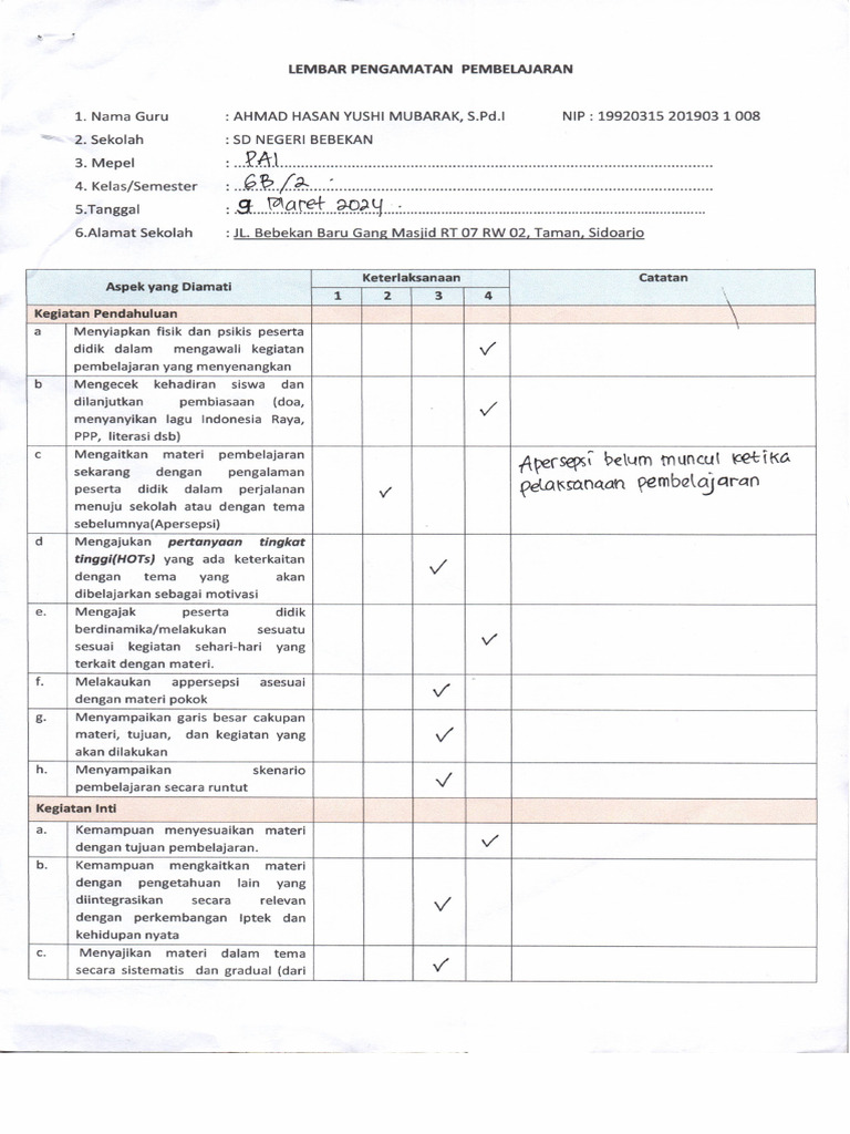 Scan Lembar Pengamatan Pembelajaran - Agnes | PDF