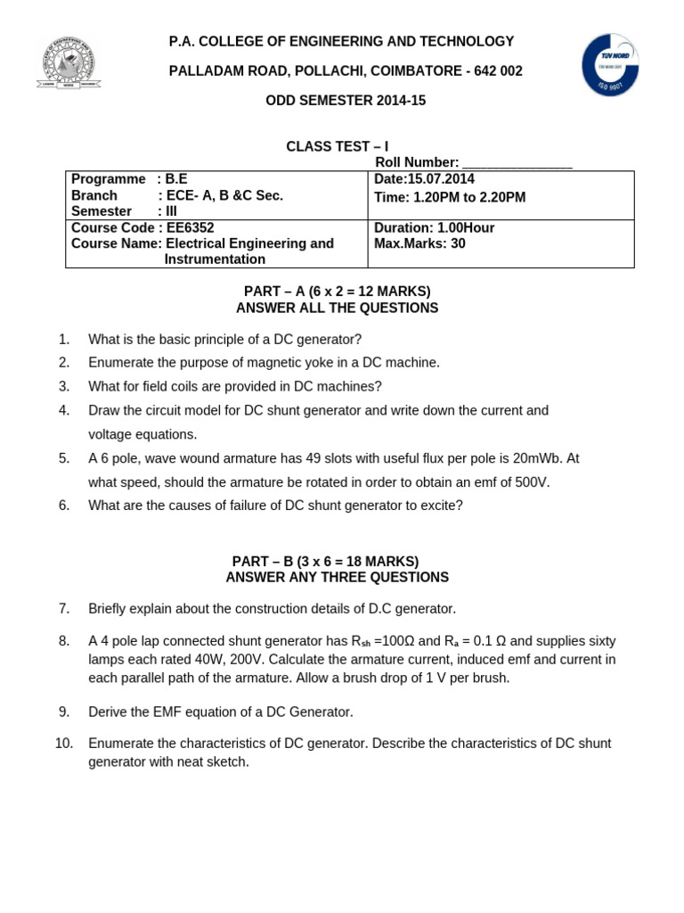 ECE Class test 1 answer key | PDF | Electric Generator ...