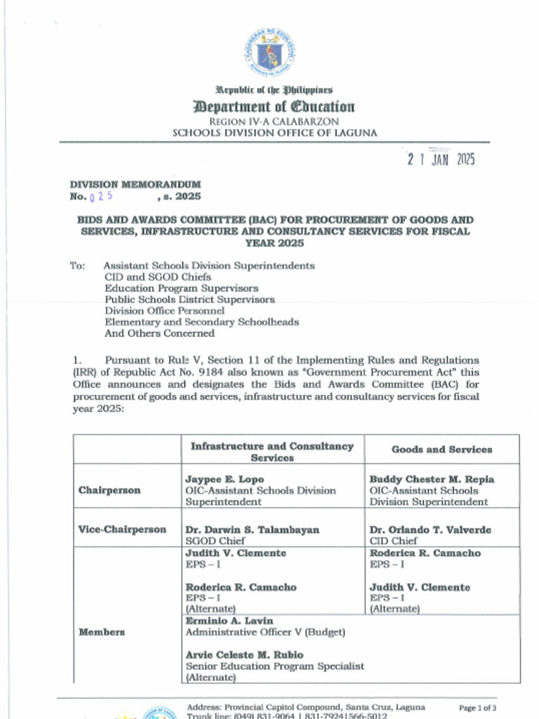 DM025s2025 BIDS AND AWARDS COMMITTEE (BAC) FOR PROCUREMENT OF GOODS AND SERVICES, INFRASTRACTURE ...