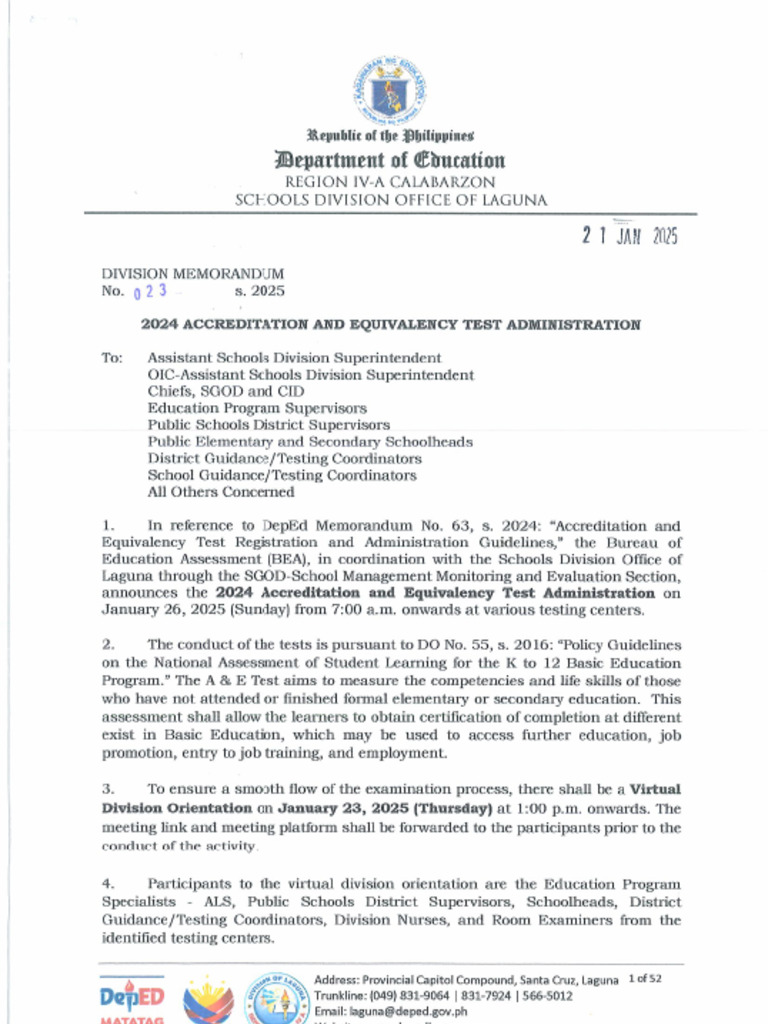 DM023s2025 2024 ACCREDITATION AND EQUIVALENCY TEST ADMINISTRATION | PDF