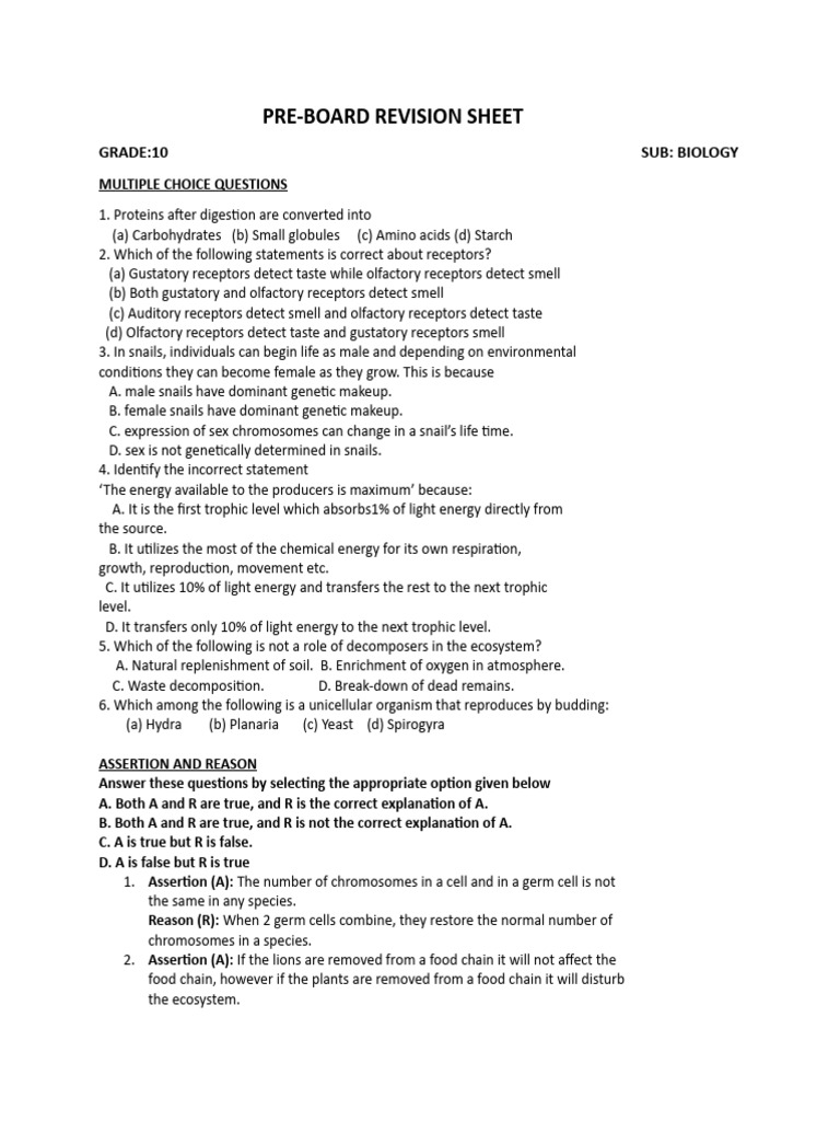 Grade 10 Preboard Question Bank Biology | PDF | Taste | Biology