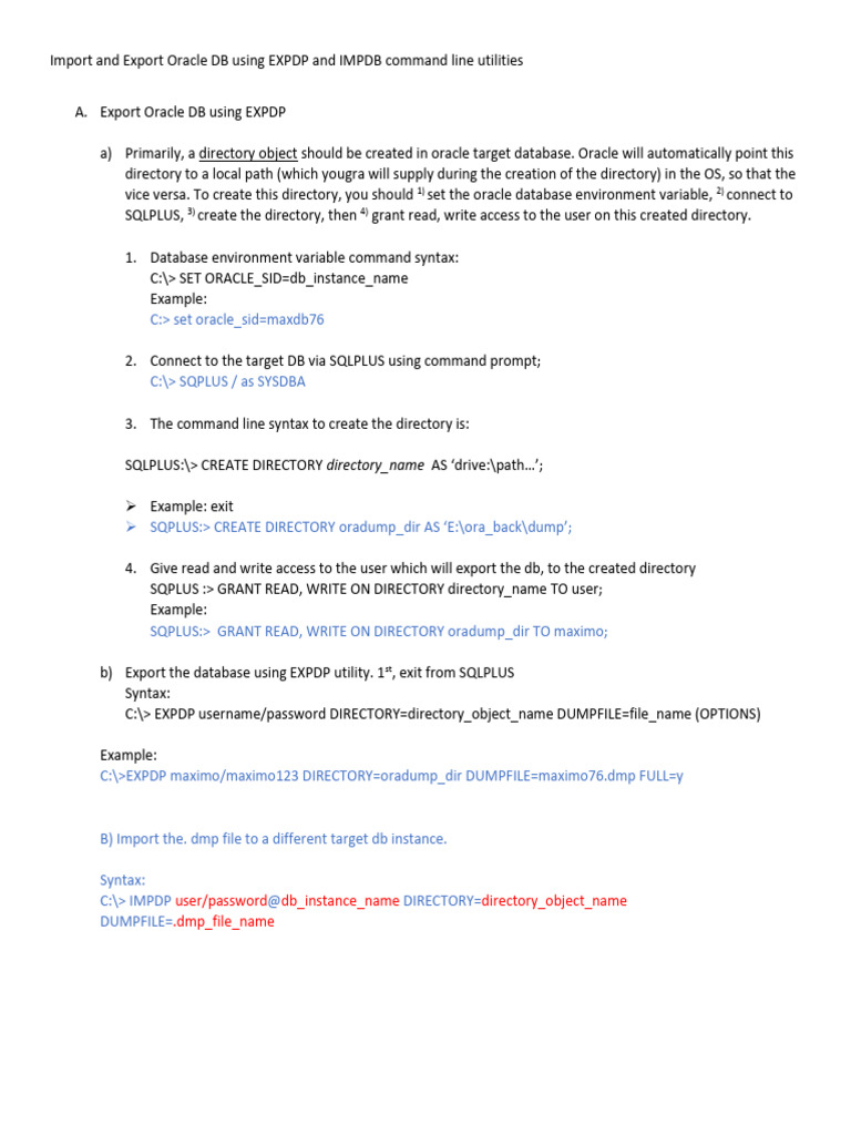 Import and Export Oracle DB using EXPDP and IMPDB | PDF