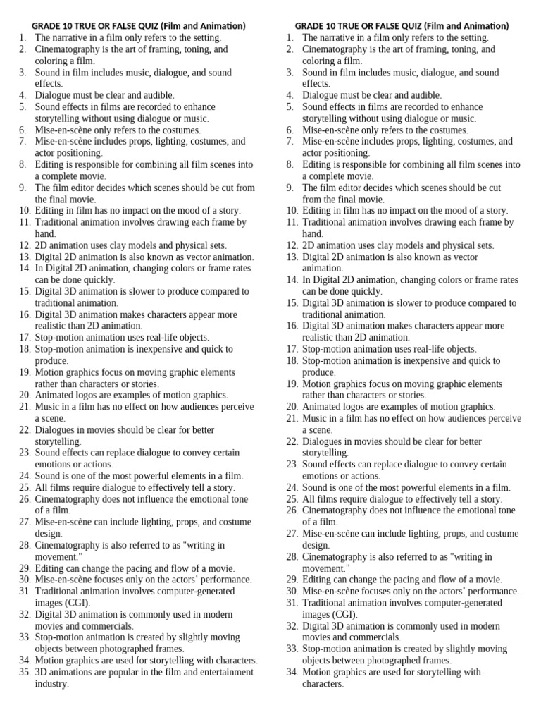 Grade 10 Film & Animation Quiz | PDF | Computer Animation | Computer ...