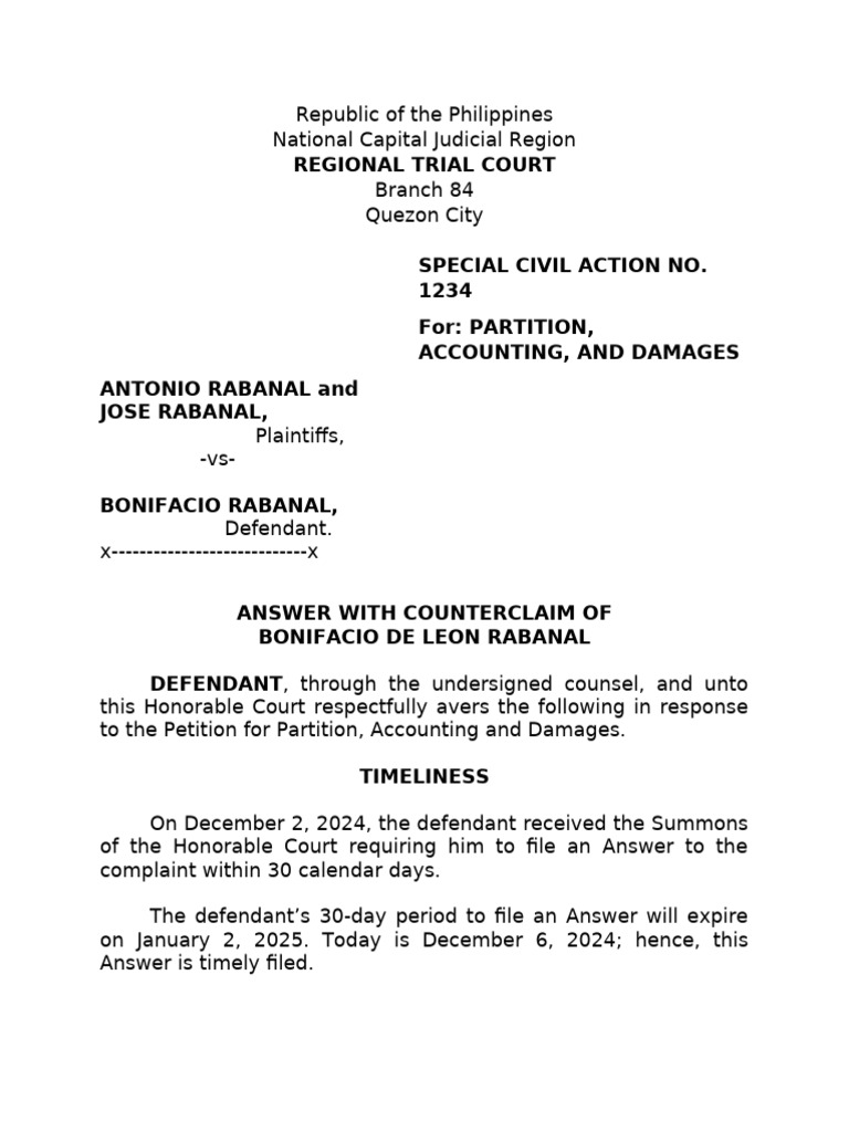 Answer With Counterclaim PTB and JA Final | PDF | Affidavit | Lawsuit
