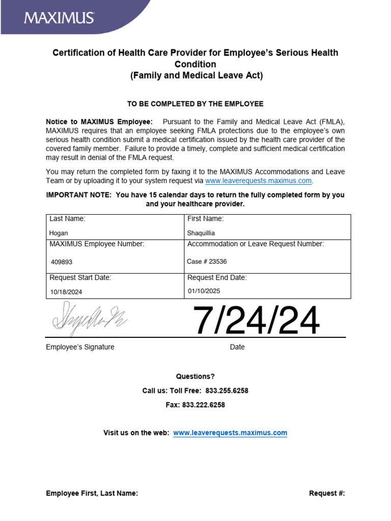 Form#2 - Medical Form - Own Serious Health Condition (FMLA) | PDF ...