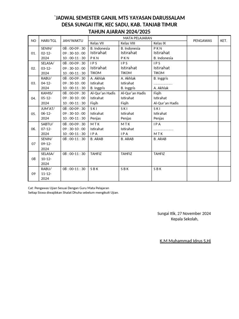 Jadwal Semester Ganjil MTS Yayasan Darussalam 2024 | PDF