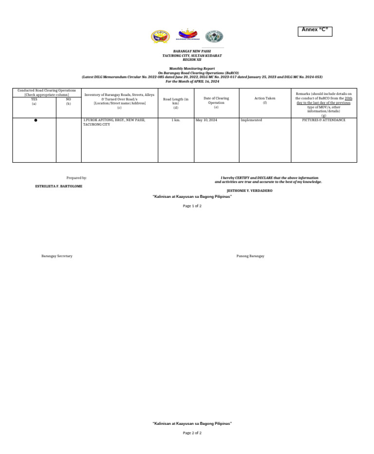 Annex C_Barangay BaRCO Monthly Monitoring Report Template with PB_s Certification (2) (1) | PDF