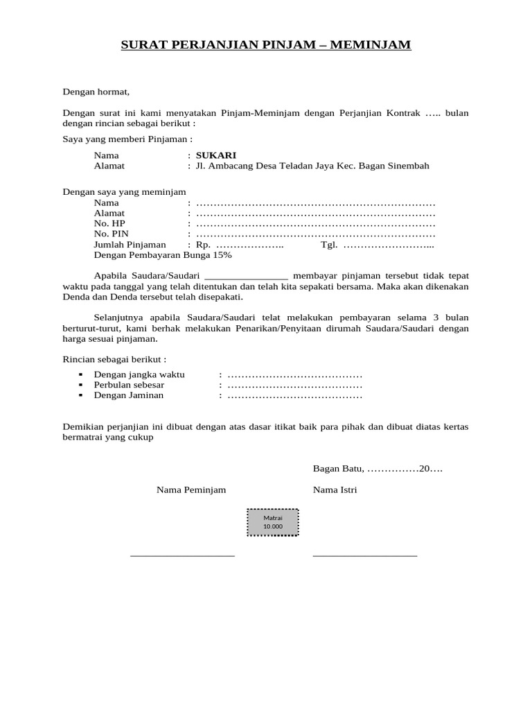 SURAT PERJANJIAN PINJAM - Kosong | PDF