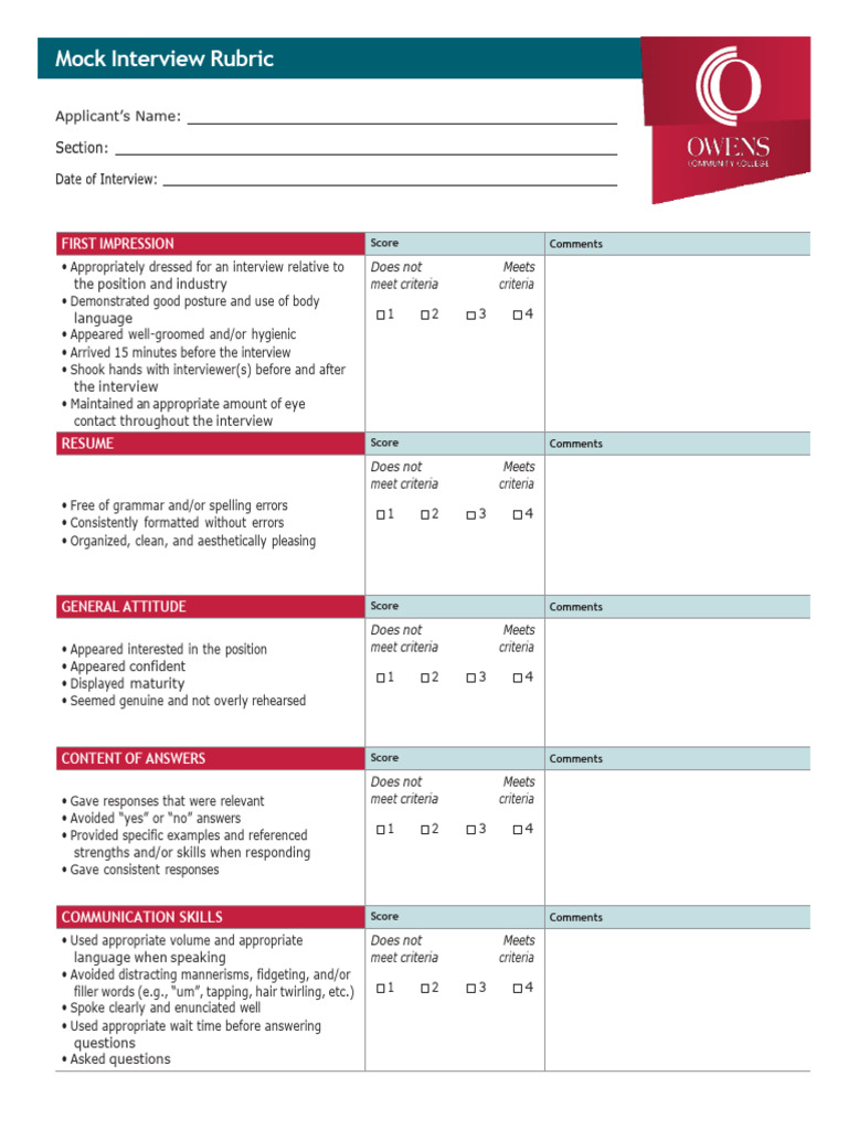 Mock Interview Rubric | PDF | Human Communication | Cognition