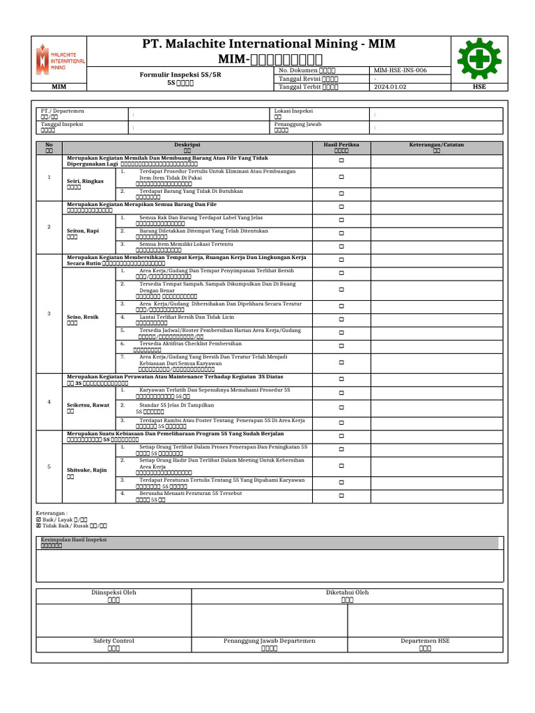 MIM-HSE-InS-006 Formulir Inspeksi Penerapan 5S | PDF