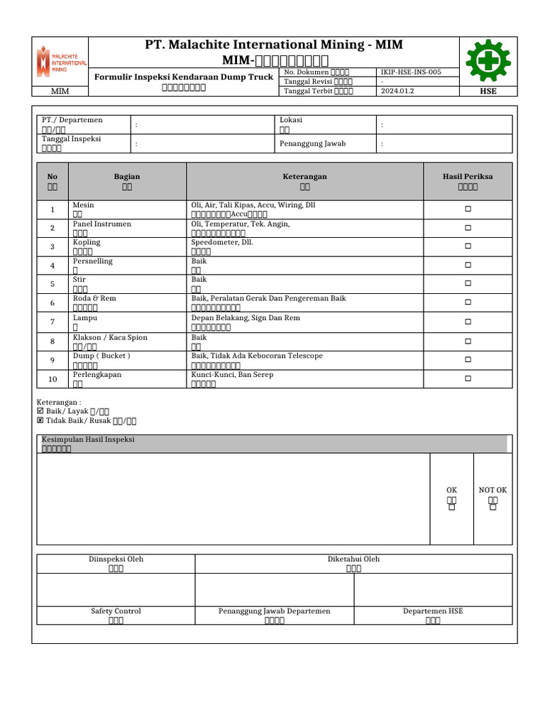 MIM-HSE-InS-005 Formulir Inspeksi Kendaraan Dump Truck | PDF
