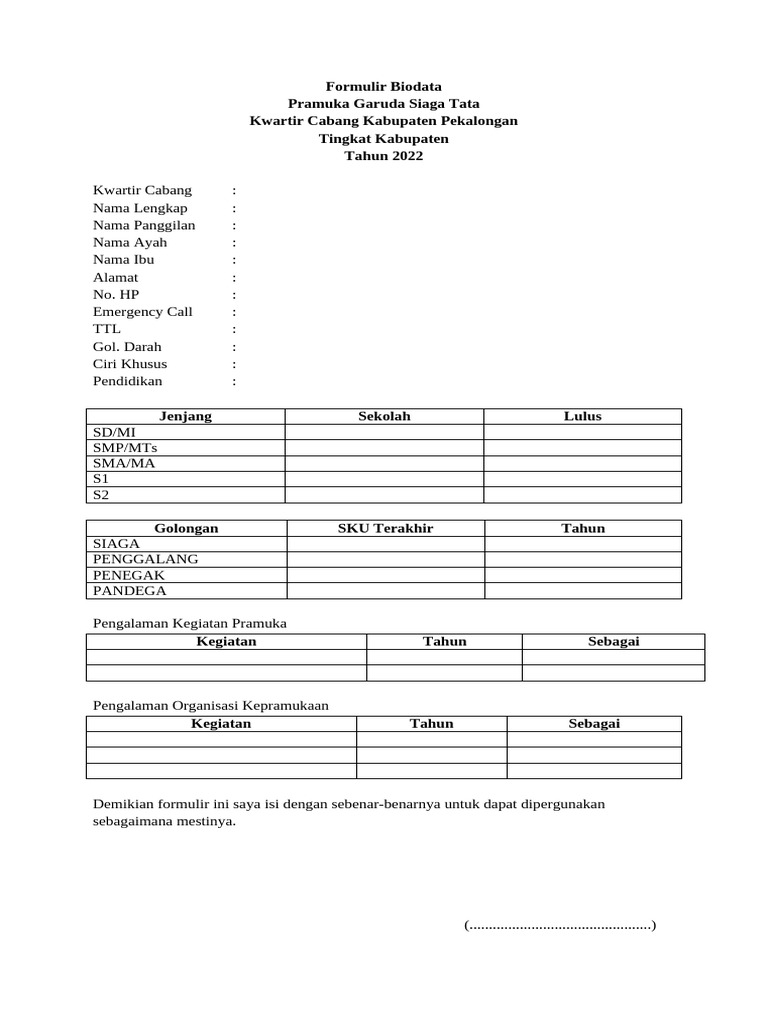 Biodata Pramuka Garuda Siaga 2022 | PDF