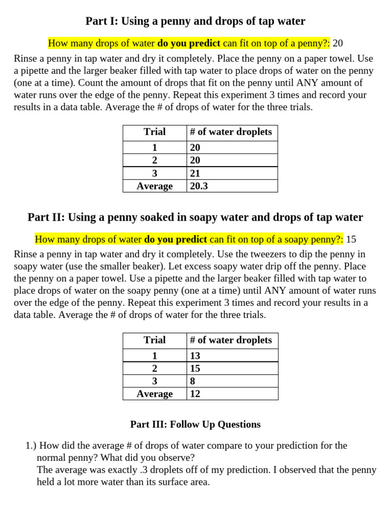 ZAARA TOOR - Water Droplets On a Penny Investigation | PDF | Properties ...