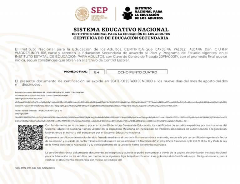 Certificado De Educación Secundaria Inea Pdf